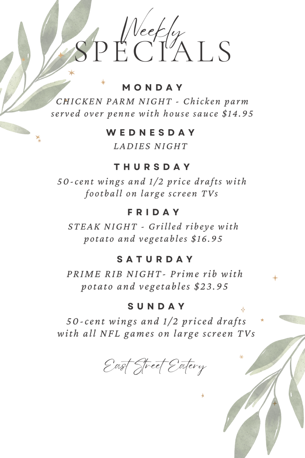 WEEKLY DINNER SPECIALS | East Street Eatery
